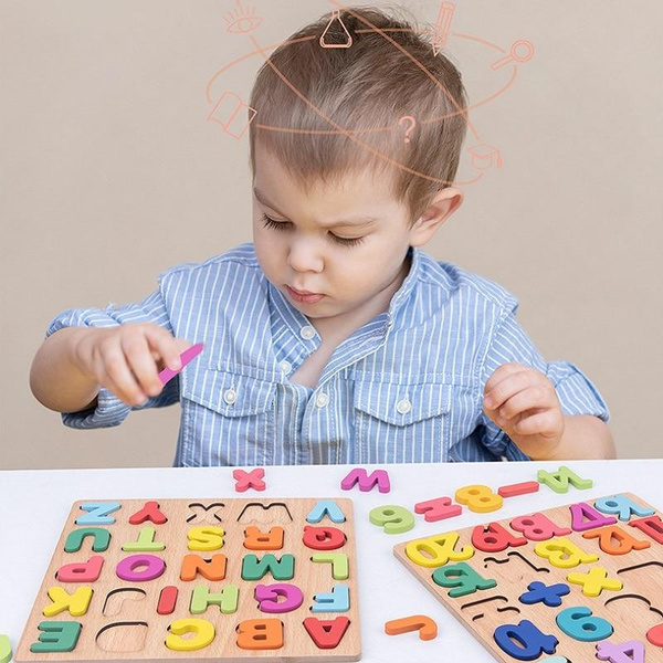 Colorful Alphabet Number Wooden Puzzles Kids Intelligent Matching Game ...