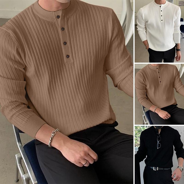 S-5XL Men's Long Sleeve Buttons Neck Henley Shirts Spring Autumn Tops ...