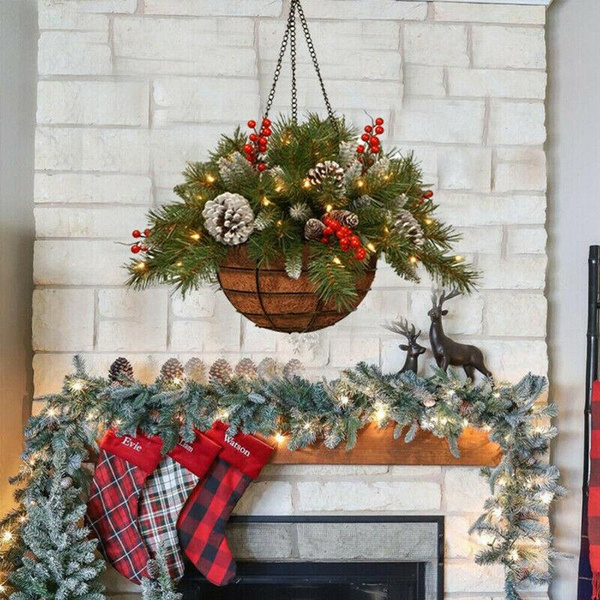 Artificial Christmas Hanging Basket Garland with White LED Light Red ...