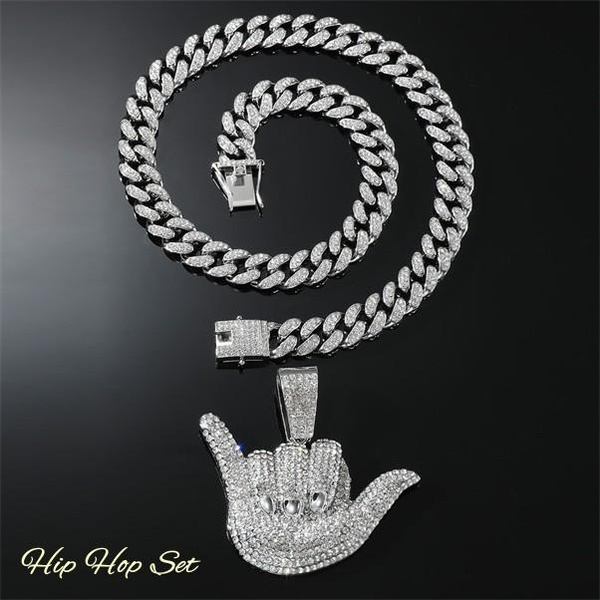Hip Hop Set Gesture Pendant Necklace 13mm with Cuban Chain Crystal Iced ...