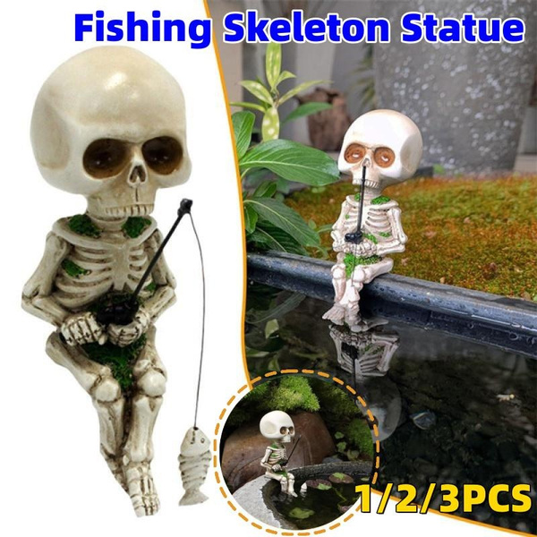 1/2/3PCS Fishing Skeleton Garden Statue Weatherproof Halloween Mini ...