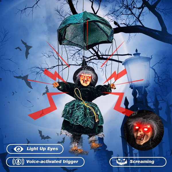 Light Up Halloween Screaming&Glowing Red Eyes Parachute Kick Witch With ...