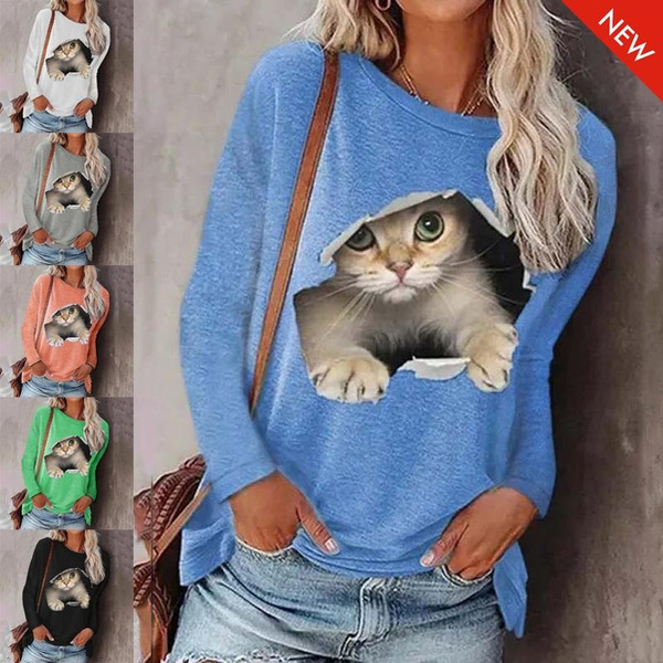 Fashion Women Clothing Cute Cat Printed Blouses Casual Long Sleeve T ...