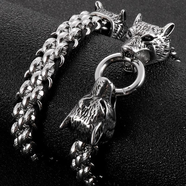 13MM Wide Double Wolf Head On Hand Bands Bracelet For Men Stainless ...