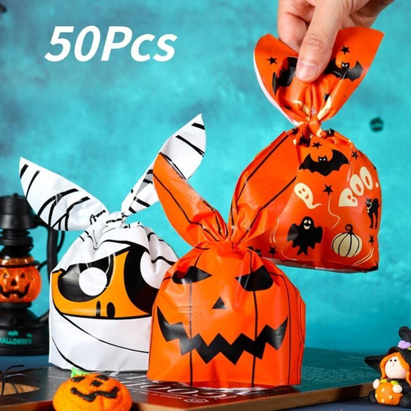 50pcs Halloween Candy Bags Plastic Pumpkin Ghost Bat Snack Biscuit Gift ...