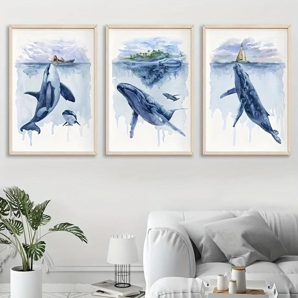 3pcs Whale Print, Watercolor Blue Whale Painting Art Prints, Orca Whale ...