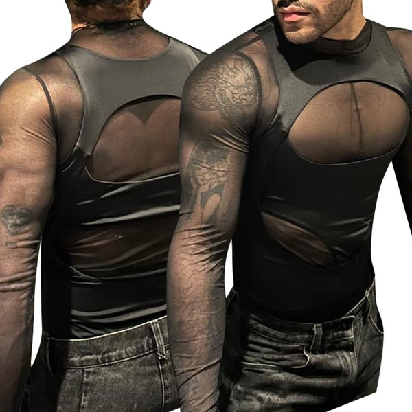 Men Long Sleeve Sheer Stitching Leotard Slim Fit Transparent Bodysuits ...