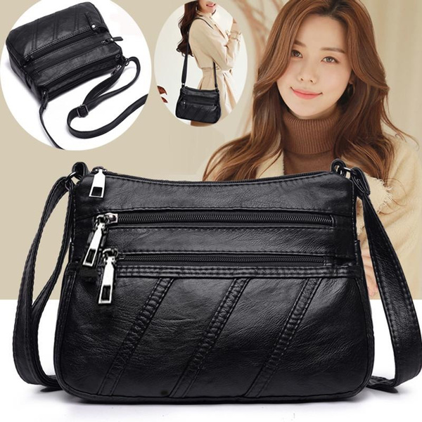 Black Purses for Women Pocketbooks Soft Multi Zipper PU Leather Ladies ...