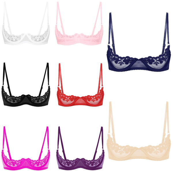 Women's Sexy 1/4 Cup Floral Lace Bra Sheer See Through Underwired Bras ...