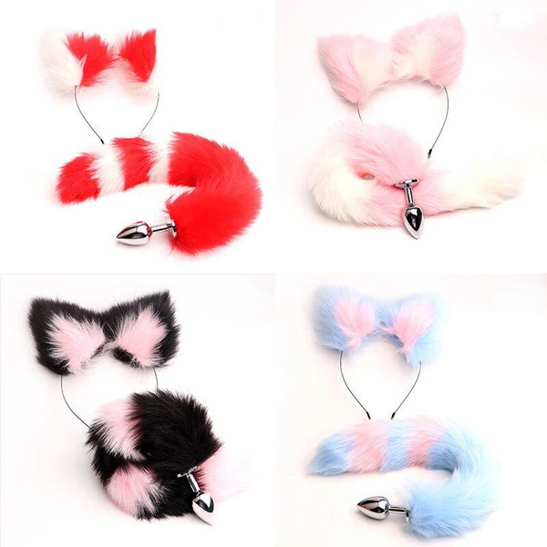 40cm Fox Tail Anal Plug Sexy Plush Cat Ears Headbands Set Butt Plug 9955