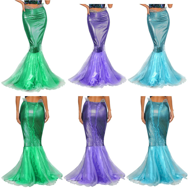 Womens Halloween Mermaid Maxi Skirt Fish Scale Print Shiny Fishtail ...