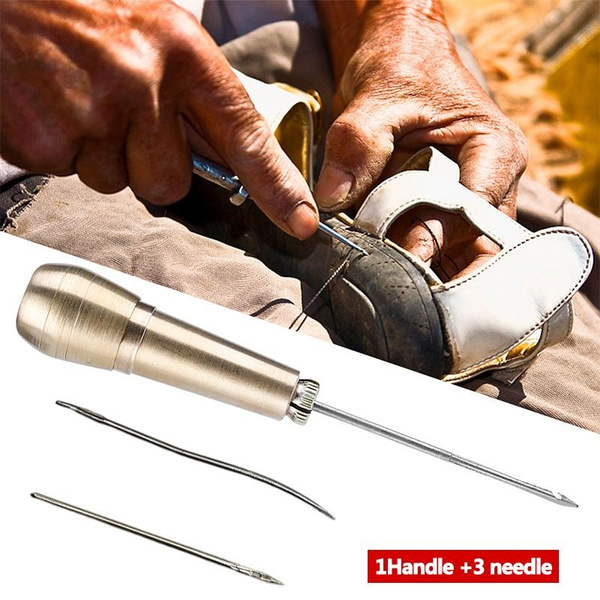 DIY Leather Canvas Sewing Awl Shoes Repair Tool Copper Handle 3 Needles ...