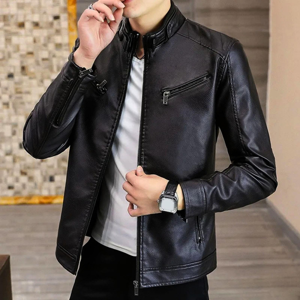 Men Faux Leather Jacket Functional Zippered Pockets Men Jacket Autumn ...