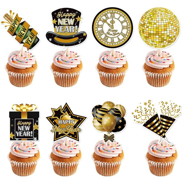 2024 Happy New Year Party Cupcake Toppers Black Gold Hello 2024 Cheers ...