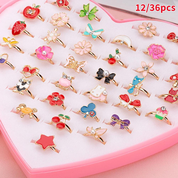 12/36PCS Shiny Adjustable Children's Cartoon Rings Candy Flower Diamond ...