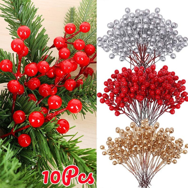 10Pcs Artificial Red/ Gold/ Silver Holly Berry Branch Xmas Tree ...