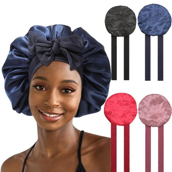 Double-Layer Solid Color Satin Care Bonnet Sleep Cap Femal Adjustable ...