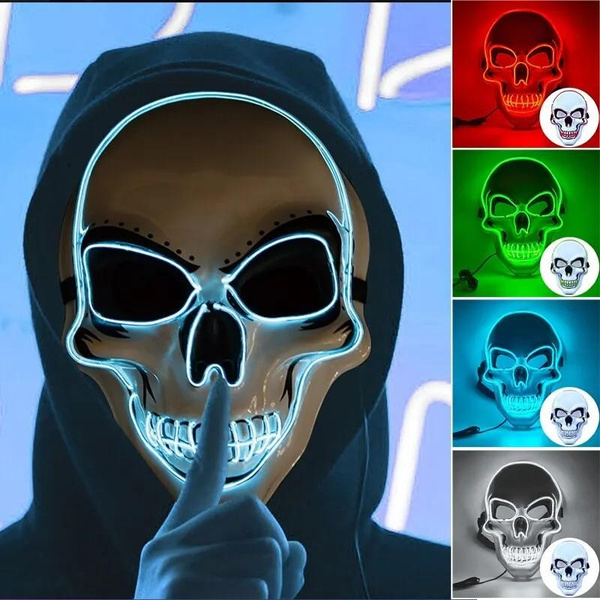 Halloween Ghost Head Horror LED Light Up Skull Mask EL Neon Light Skull ...