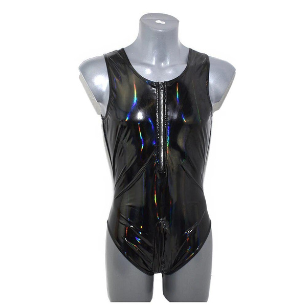 Sexy Shiny PVC Leather Sleeveless O Neck Mens Bodysuit Male Lingerie ...