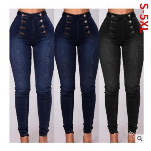 High Waisted Casual Jeans and Pants Trendy Double Row Multi Button Slim ...