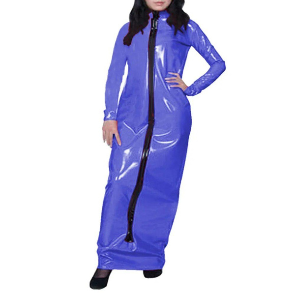 Wet Look PVC Full Sleeve High Neck Front Zip-up Maxi Dress Hobble ...