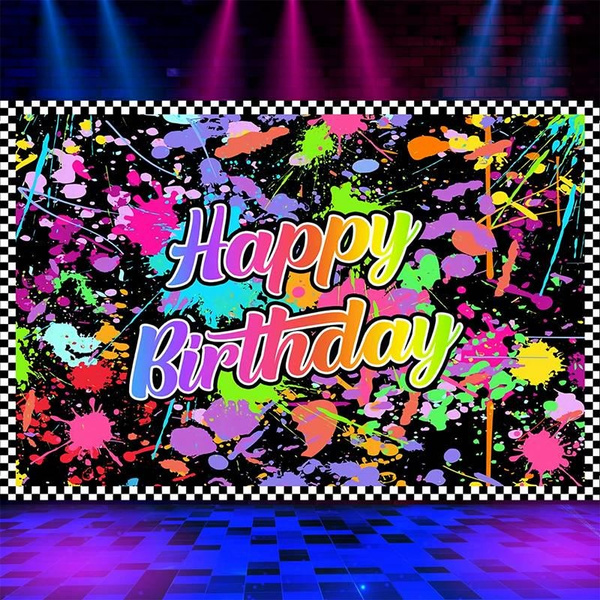 Graffiti Splatter Neon Birthday Party Backdrop Happy Birthday ...