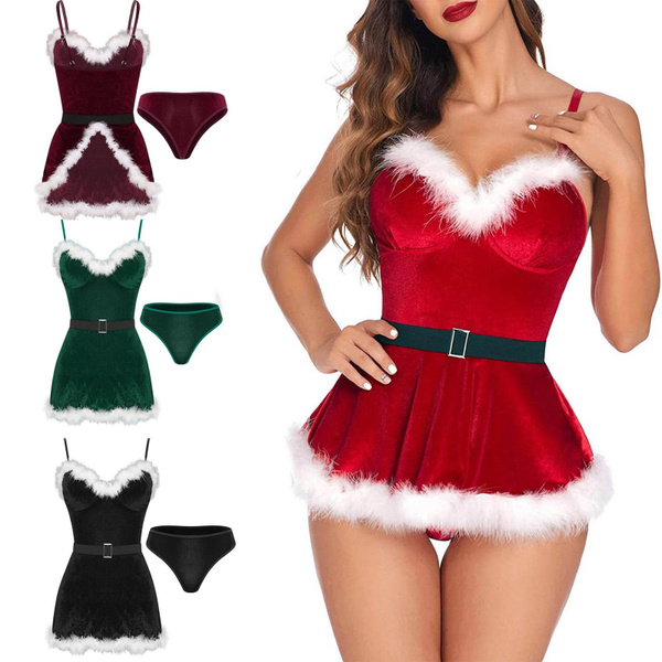 Women Christmas Lingerie Sexy Feather Trim Santa Claus Bodysuit With Belt Wish