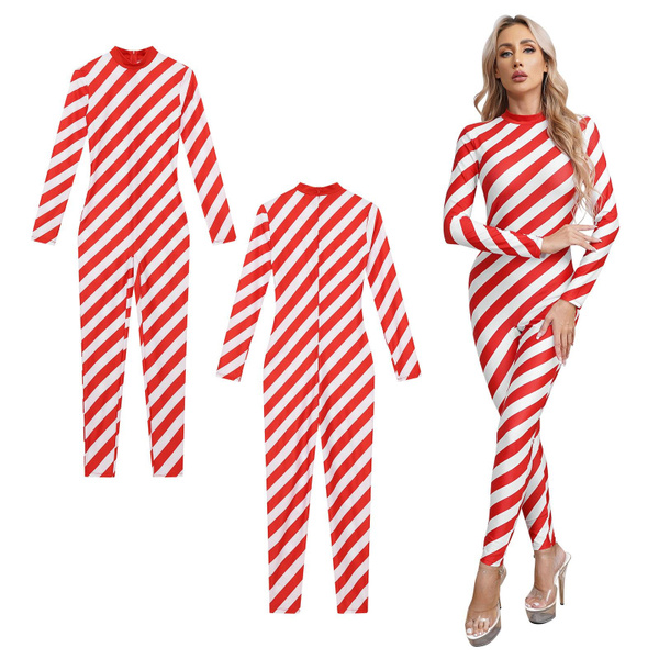 Womens Christmas Candy Cane Cosplay Party Costume One Piece Long Sleeve ...