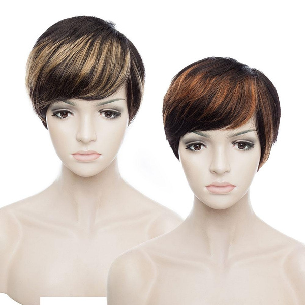 Short Human Hair Wig For Women Highlight Remy Natural Hair Short Pixie ...