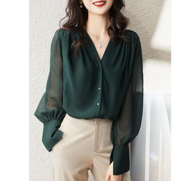 Women Summer Chiffon Solid Color Long Sleeved Blouse | Wish