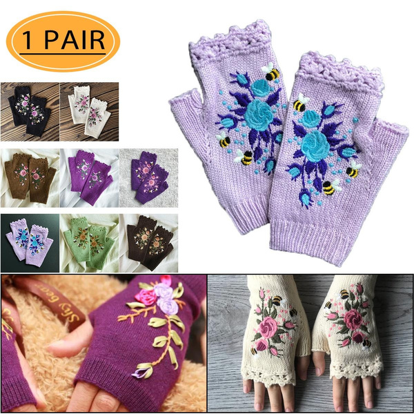 1pair Newly Hand Embroidered Gloves Women's Knitted Fingerless Gloves ...