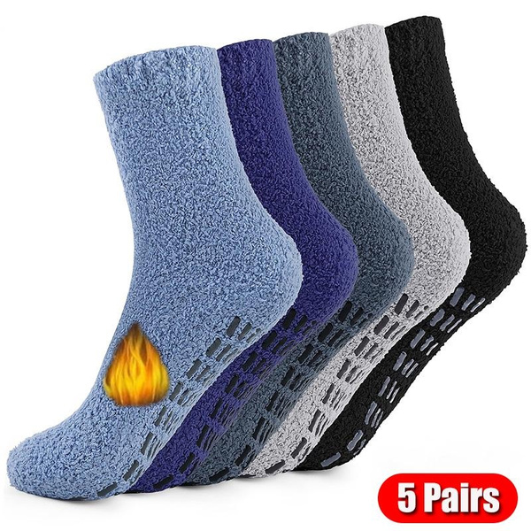 5 Pairs Winter Men's Warm Fuzzy Socks Non Slip Grip Sock Fluffy Slipper ...