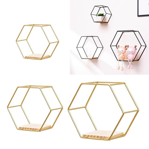 Wall Mounted Hexagonal Floating Shelves Modern Metal Wall Shelf Wall ...