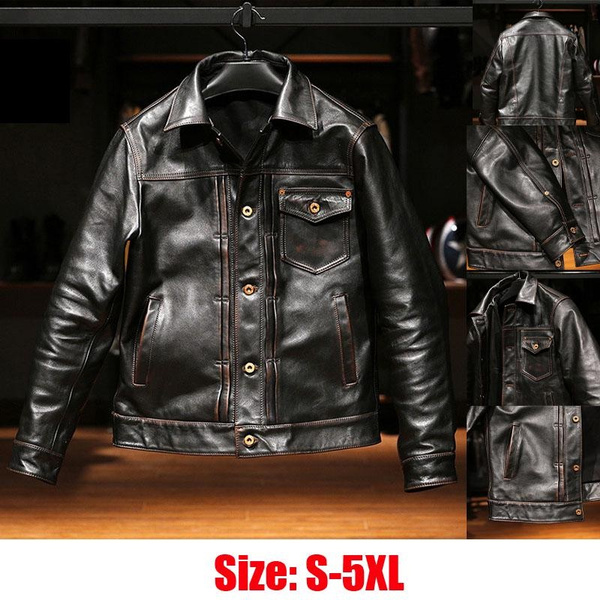 Men's Lapel Genuine Leather Denim Jacket, Multi-Pocket Leather Jacket | Wish