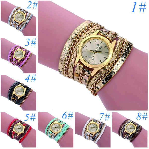 Women's casual retro multi-layer watch woven rivet leather bracelet ...