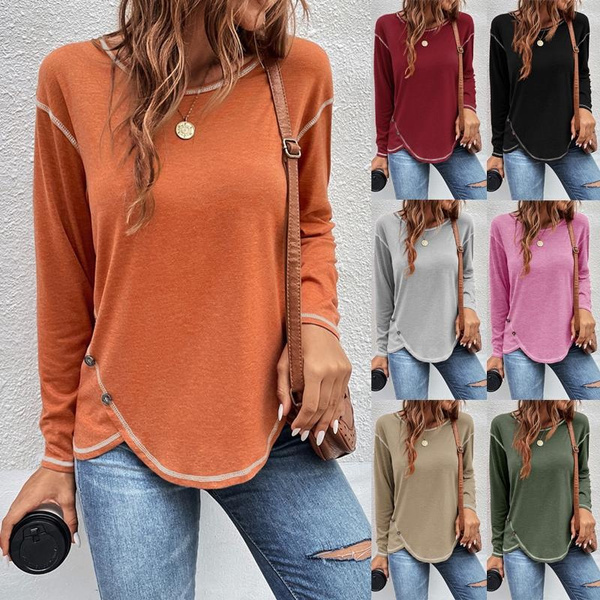 Womens Clothes Casual Solid Color Blouses Loose Button Irregular Edge