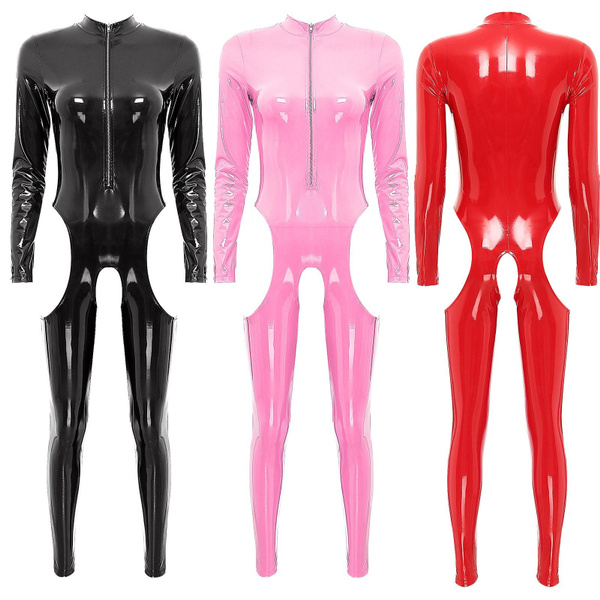 Women Lingerie Bodysuit Sexy Hollow Out Latex Crotchless Catsuit PVC ...