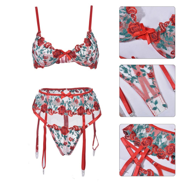 Women Sexy Lingerie Sets with Garter Belts Sexy Bra and Knickers Sexy Embroidered Lace Bra and ...