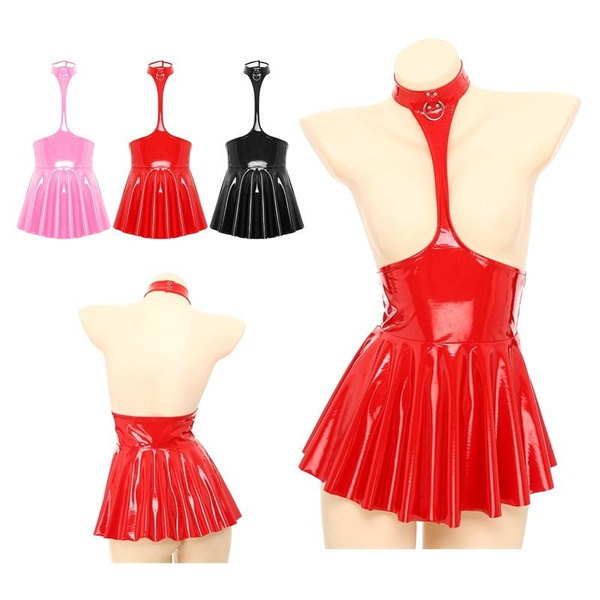 Women Mini Dress Female Sexy Lingerie Backless Open Chest Halter Ruffled Latex Dresses Pole