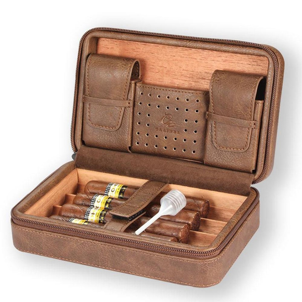 4 Tube Cigar Humidor Box Travel Leather Cigar Case Cedar Wood Holder ...