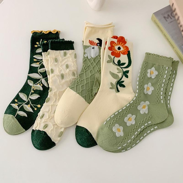 5 Pairs Fashion Vintage Flower Print Socks Floral Sweet Cute Socks ...