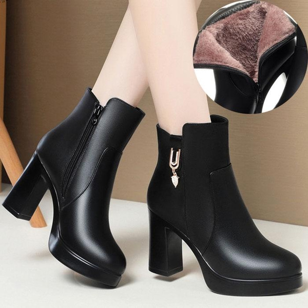 Winter Women High Heel Short Boots Waterproof Platform Plush Non Slip ...