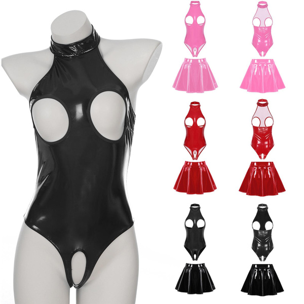 Womens Wet Look Patent Leather Set Halter Open Cup Crotchless Bodysuit