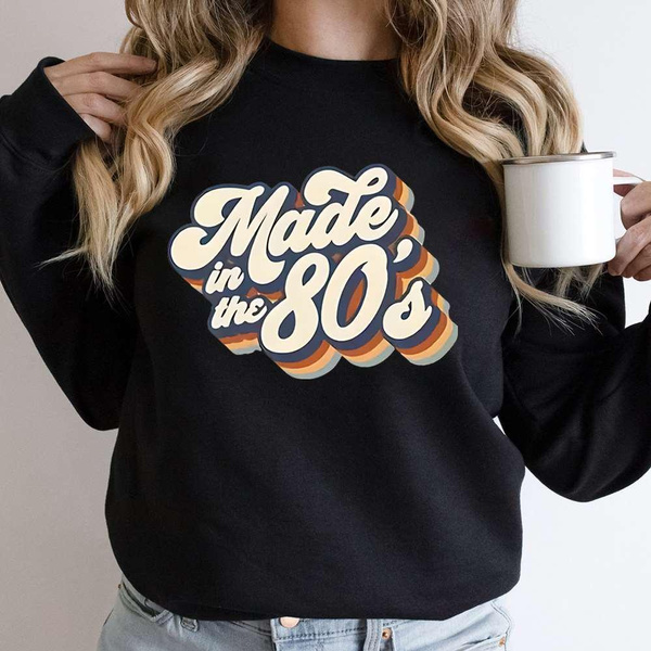 Vintage 80s Print Graphic Pullover, Long Sleeve Crew Neck Casual ...