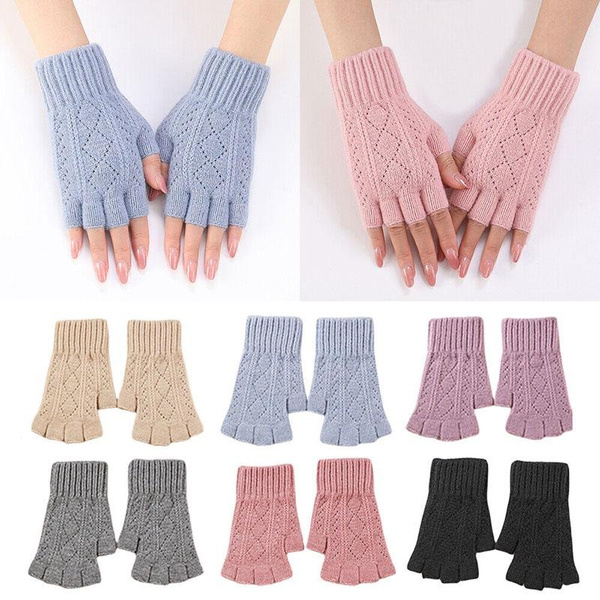 Thermal Fingerless Gloves Ladies Womens Knitted Warm Winter Half Finger ...