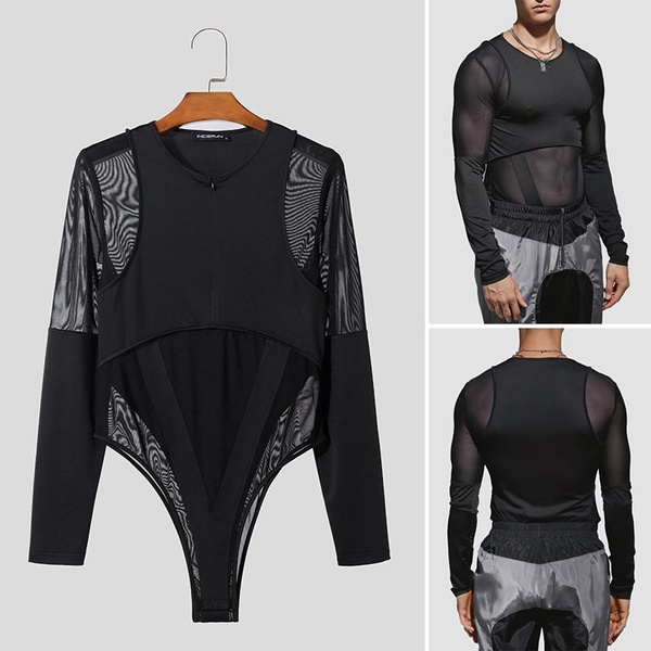 Men Long Sleeve Sheer Leotard Underwear Slim Fit Transparent Jumpsuits ...