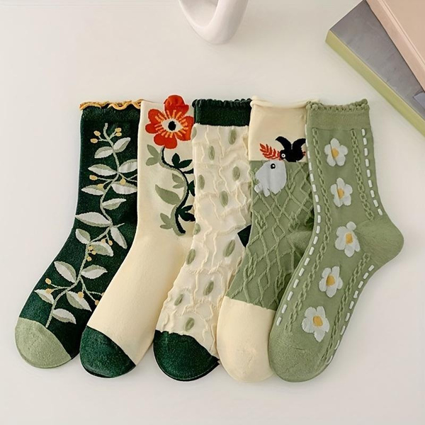 5 Pairs Fashion Vintage Flower Print Socks Floral Sweet Cute Socks ...