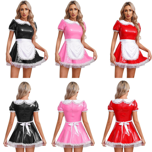 Womens Pole Dance Show Servants Cosplay Maid Latex Dress Carnival ...