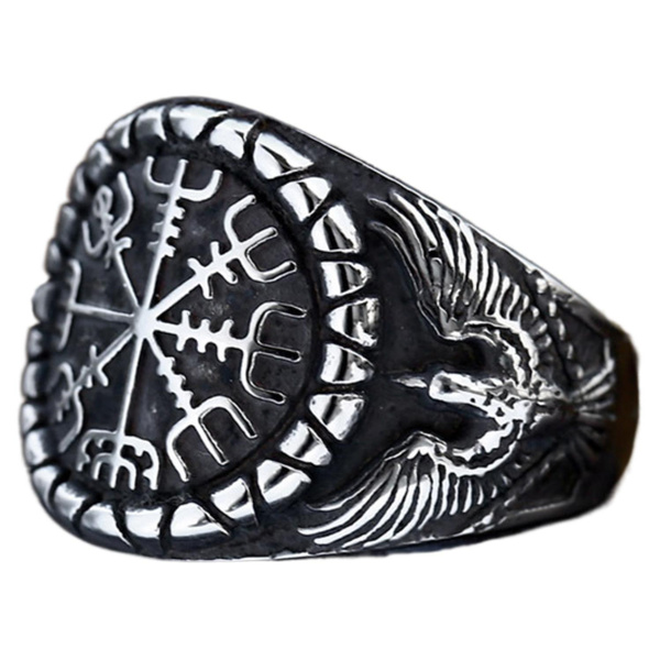 Scandinavia Style Norse Viking Compass Vegvisir Round Signet Ring Mens Vintage Retro Style ...