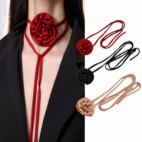 Rose Flower Choker Necklace Long Lace Up Collar Choker Neck Chain